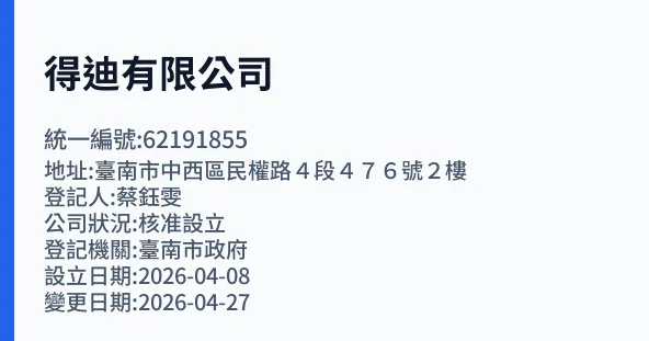得迪有限公司的照片-統編 62191855(臺南市) 公司登記資料與營業項目詳細圖表
