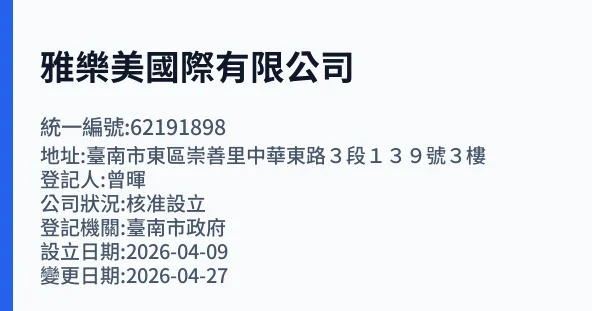 雅樂美國際有限公司的照片-統編 62191898(臺南市) 公司登記資料與營業項目詳細圖表