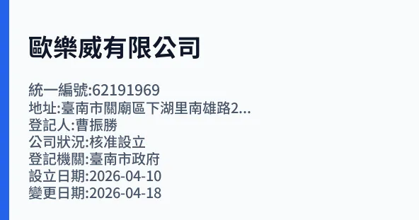 歐樂威有限公司的照片-統編 62191969(臺南市) 公司登記資料與營業項目詳細圖表