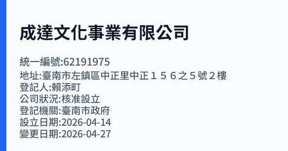 成達文化事業有限公司的照片-統編 62191975(臺南市) 公司登記資料與營業項目詳細圖表