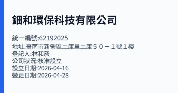 鈿和環保科技有限公司的照片-統編 62192025(臺南市) 公司登記資料與營業項目詳細圖表