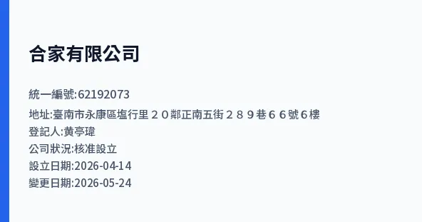 合家有限公司的照片-統編 62192073(臺南市) 公司登記資料與營業項目詳細圖表