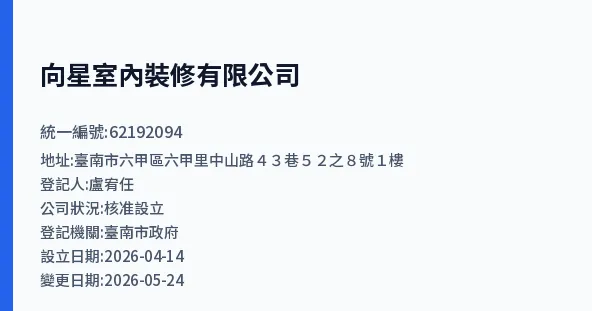 向星室內裝修有限公司的照片-統編 62192094(臺南市) 公司登記資料與營業項目詳細圖表