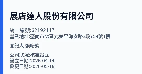 展店達人股份有限公司的照片-統編 62192117(臺南市) 公司登記資料與營業項目詳細圖表