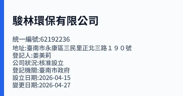 駿林環保有限公司的照片-統編 62192236(臺南市) 公司登記資料與營業項目詳細圖表