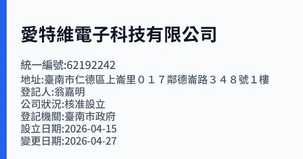 愛特維電子科技有限公司的照片-統編 62192242(臺南市) 公司登記資料與營業項目詳細圖表