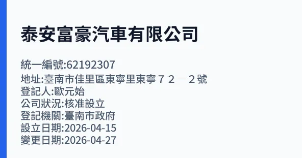 泰安富豪汽車有限公司的照片-統編 62192307(臺南市) 公司登記資料與營業項目詳細圖表