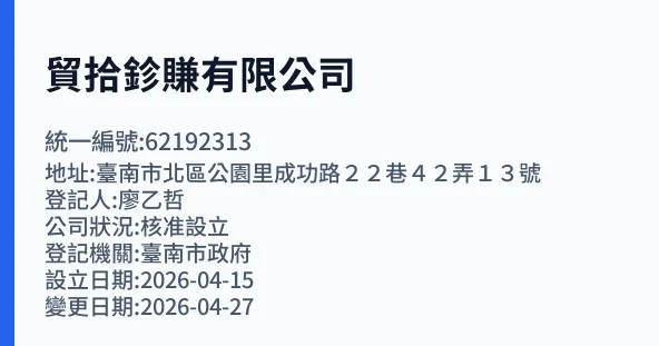 貿拾鉁賺有限公司的照片-統編 62192313(臺南市) 公司登記資料與營業項目詳細圖表