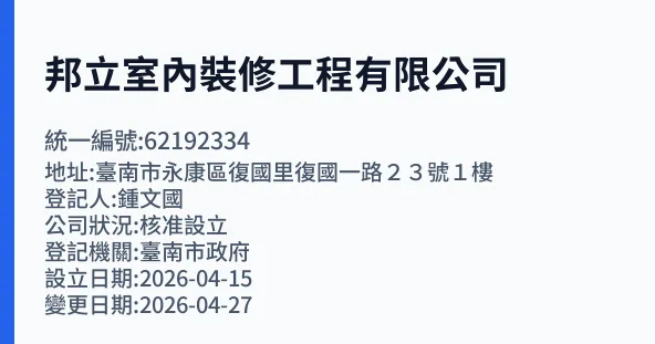 邦立室內裝修工程有限公司的照片-統編 62192334(臺南市) 公司登記資料與營業項目詳細圖表