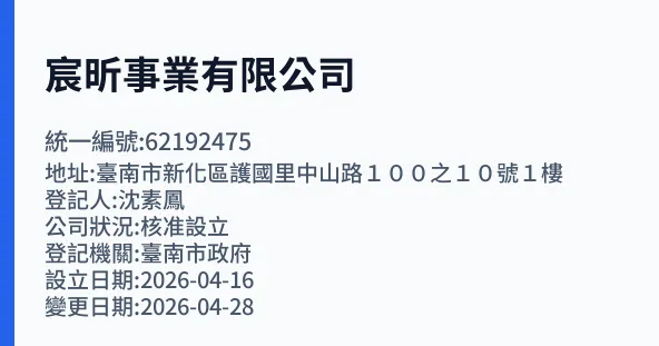 宸昕事業有限公司的照片-統編 62192475(臺南市) 公司登記資料與營業項目詳細圖表