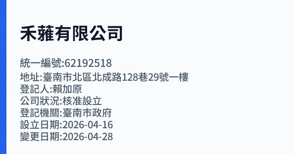 禾蕥有限公司的照片-統編 62192518(臺南市) 公司登記資料與營業項目詳細圖表