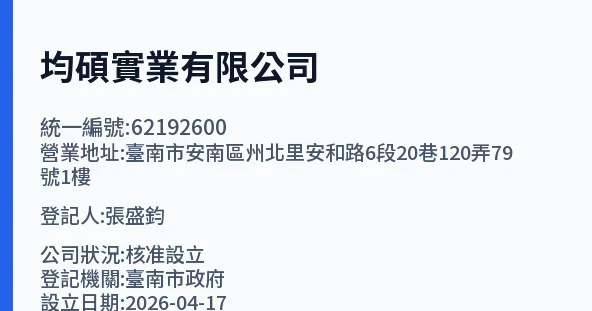均碩實業有限公司的照片-統編 62192600(臺南市) 公司登記資料與營業項目詳細圖表