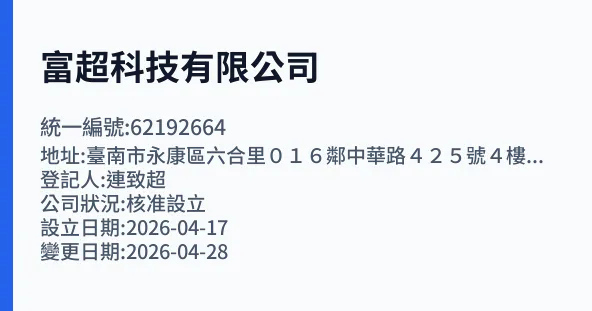 富超科技有限公司的照片-統編 62192664(臺南市) 公司登記資料與營業項目詳細圖表