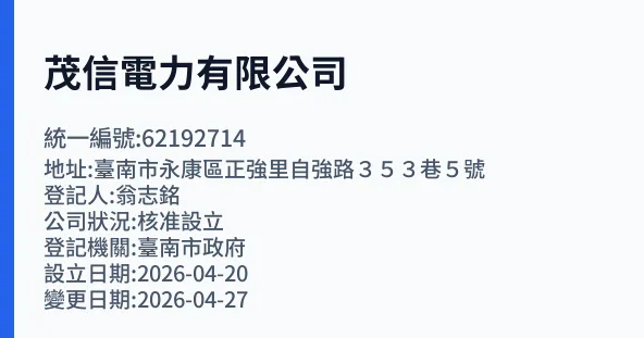 茂信電力有限公司的照片-統編 62192714(臺南市) 公司登記資料與營業項目詳細圖表
