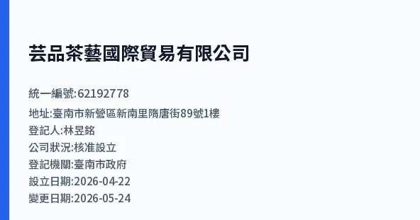 芸品茶藝國際貿易有限公司的照片-統編 62192778(臺南市) 公司登記資料與營業項目詳細圖表
