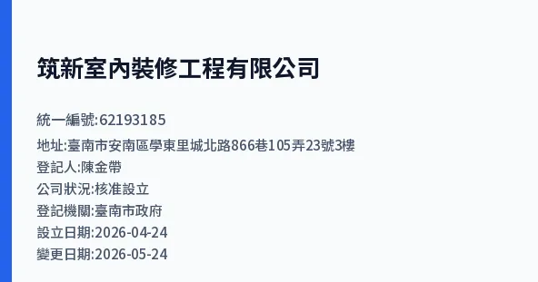 筑新室內裝修工程有限公司的照片-統編 62193185(臺南市) 公司登記資料與營業項目詳細圖表