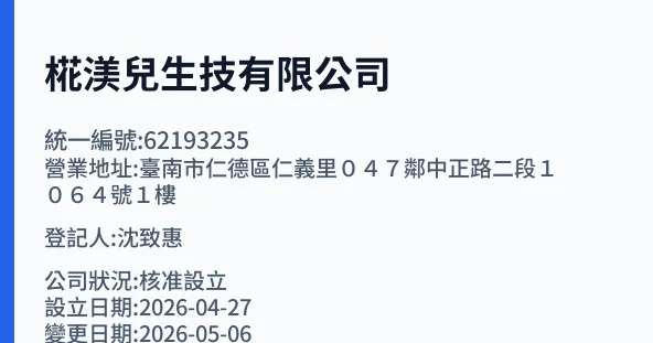 椛渼兒生技有限公司的照片-統編 62193235(臺南市) 公司登記資料與營業項目詳細圖表