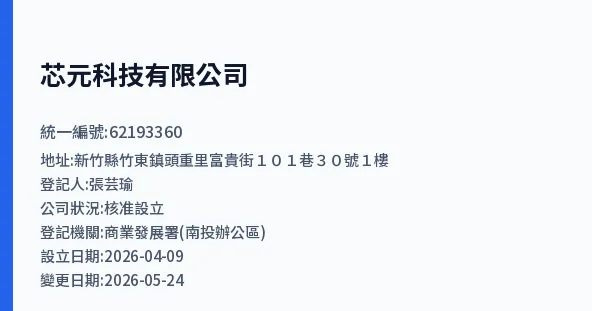 芯元科技有限公司的照片-統編 62193360(新竹縣) 公司登記資料與營業項目詳細圖表