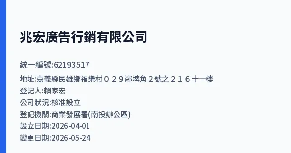 兆宏廣告行銷有限公司的照片-統編 62193517(嘉義縣) 公司登記資料與營業項目詳細圖表