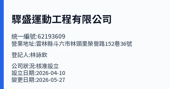 驟盛運動工程有限公司的照片-統編 62193609(雲林縣) 公司登記資料與營業項目詳細圖表