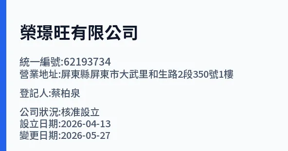 榮璟旺有限公司的照片-統編 62193734(屏東縣) 公司登記資料與營業項目詳細圖表