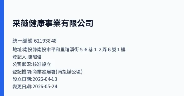 采薇健康事業有限公司的照片-統編 62193848(南投縣) 公司登記資料與營業項目詳細圖表