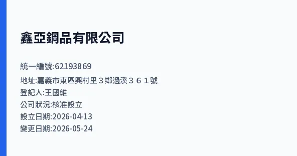 鑫亞鋼品有限公司的照片-統編 62193869(嘉義市) 公司登記資料與營業項目詳細圖表