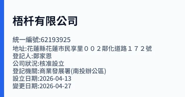 梧杄有限公司的照片-統編 62193925(花蓮縣) 公司登記資料與營業項目詳細圖表
