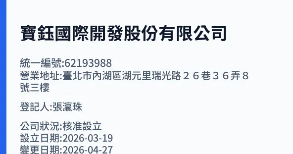 寶鈺國際開發股份有限公司的照片-統編 62193988(臺北市) 公司登記資料與營業項目詳細圖表