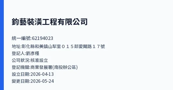鈞藝裝潢工程有限公司的照片-統編 62194023(彰化縣) 公司登記資料與營業項目詳細圖表