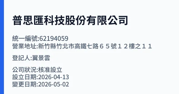 普思匯科技股份有限公司的照片-統編 62194059(新竹縣) 公司登記資料與營業項目詳細圖表