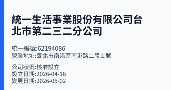 統一生活事業股份有限公司台北市第二三二分公司的照片-統編 62194086(臺北市) 公司登記資料與營業項目詳細圖表