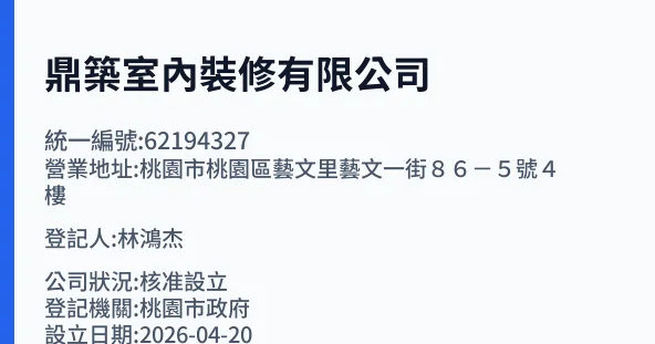 鼎築室內裝修有限公司的照片-統編 62194327(桃園市) 公司登記資料與營業項目詳細圖表