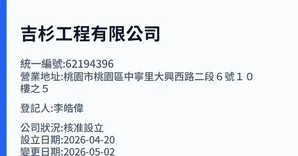 吉杉工程有限公司的照片-統編 62194396(桃園市) 公司登記資料與營業項目詳細圖表
