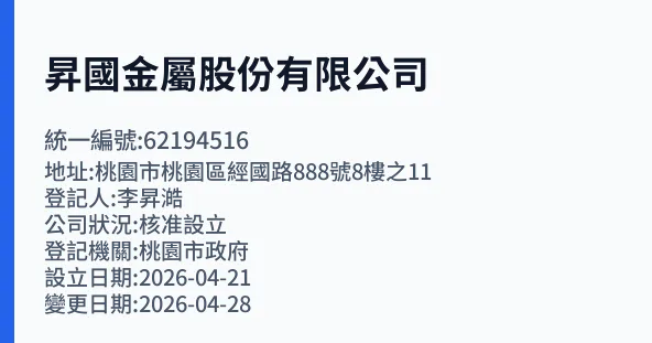 昇國金屬股份有限公司的照片-統編 62194516(桃園市) 公司登記資料與營業項目詳細圖表