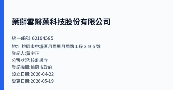 藥獅雲醫藥科技股份有限公司的照片-統編 62194585(桃園市) 公司登記資料與營業項目詳細圖表