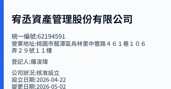 宥丞資產管理股份有限公司的照片-統編 62194591(桃園市) 公司登記資料與營業項目詳細圖表
