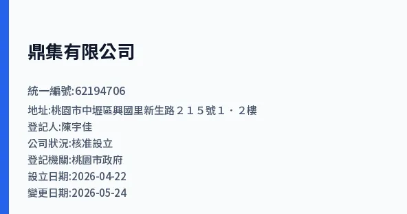 鼎集有限公司的照片-統編 62194706(桃園市) 公司登記資料與營業項目詳細圖表
