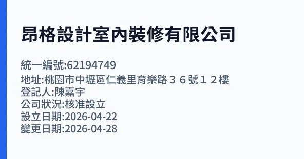昂格設計室內裝修有限公司的照片-統編 62194749(桃園市) 公司登記資料與營業項目詳細圖表