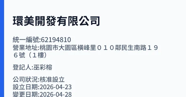 環美開發有限公司的照片-統編 62194810(桃園市) 公司登記資料與營業項目詳細圖表