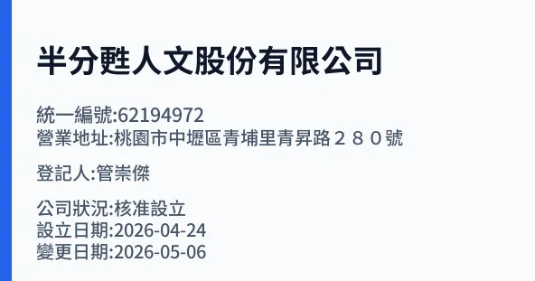 半分甦人文股份有限公司的照片-統編 62194972(桃園市) 公司登記資料與營業項目詳細圖表