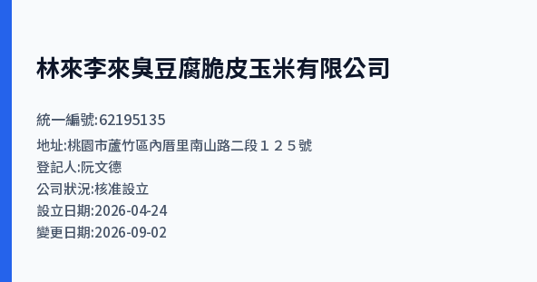 林來李來臭豆腐脆皮玉米有限公司的照片-統編 62195135 公司登記資料與營業項目詳細圖表