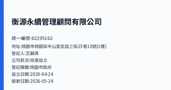衡源永續管理顧問有限公司的照片-統編 62195162(桃園市) 公司登記資料與營業項目詳細圖表