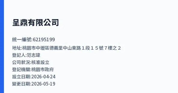 呈鼎有限公司的照片-統編 62195199(桃園市) 公司登記資料與營業項目詳細圖表