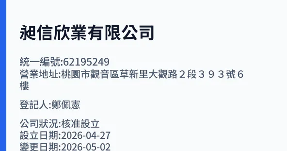 昶信欣業有限公司的照片-統編 62195249(桃園市) 公司登記資料與營業項目詳細圖表