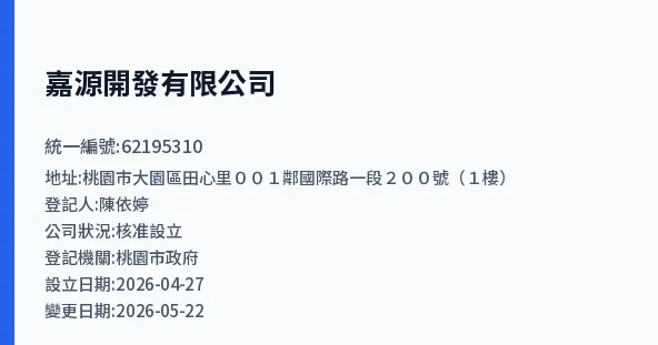 嘉源開發有限公司的照片-統編 62195310(桃園市) 公司登記資料與營業項目詳細圖表