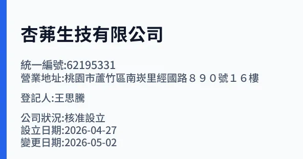 杏茀生技有限公司的照片-統編 62195331(桃園市) 公司登記資料與營業項目詳細圖表