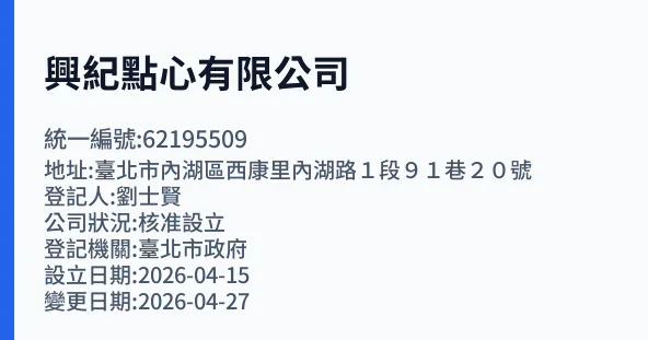 興紀點心有限公司的照片-統編 62195509(臺北市) 公司登記資料與營業項目詳細圖表