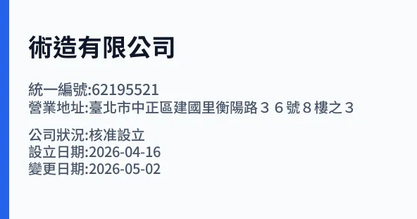 術造有限公司的照片-統編 62195521(臺北市) 公司登記資料與營業項目詳細圖表
