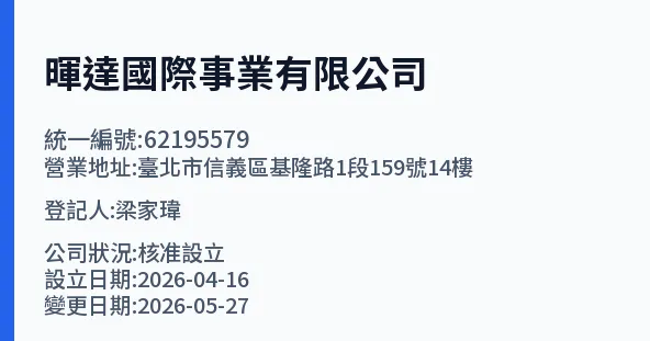 暉達國際事業有限公司的照片-統編 62195579 公司登記資料與營業項目詳細圖表